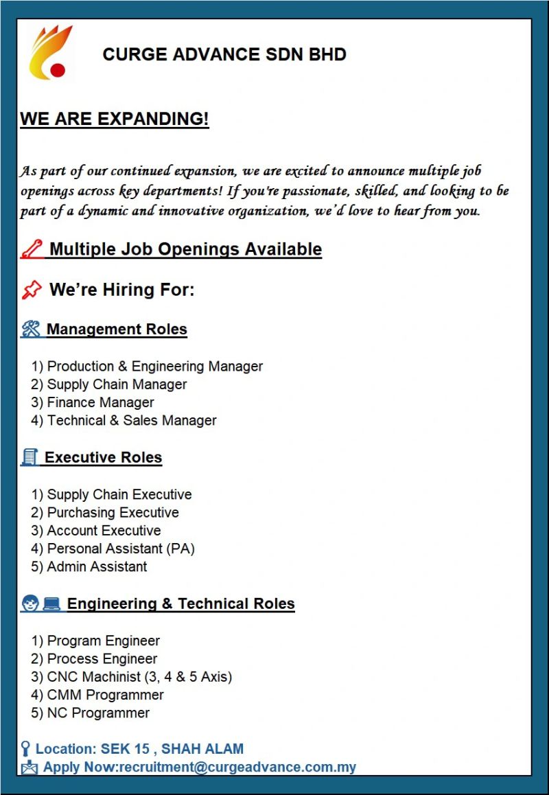 Vacancies at Curge Advance Sdn Bhd | Malaysia Aerospace Industry Association